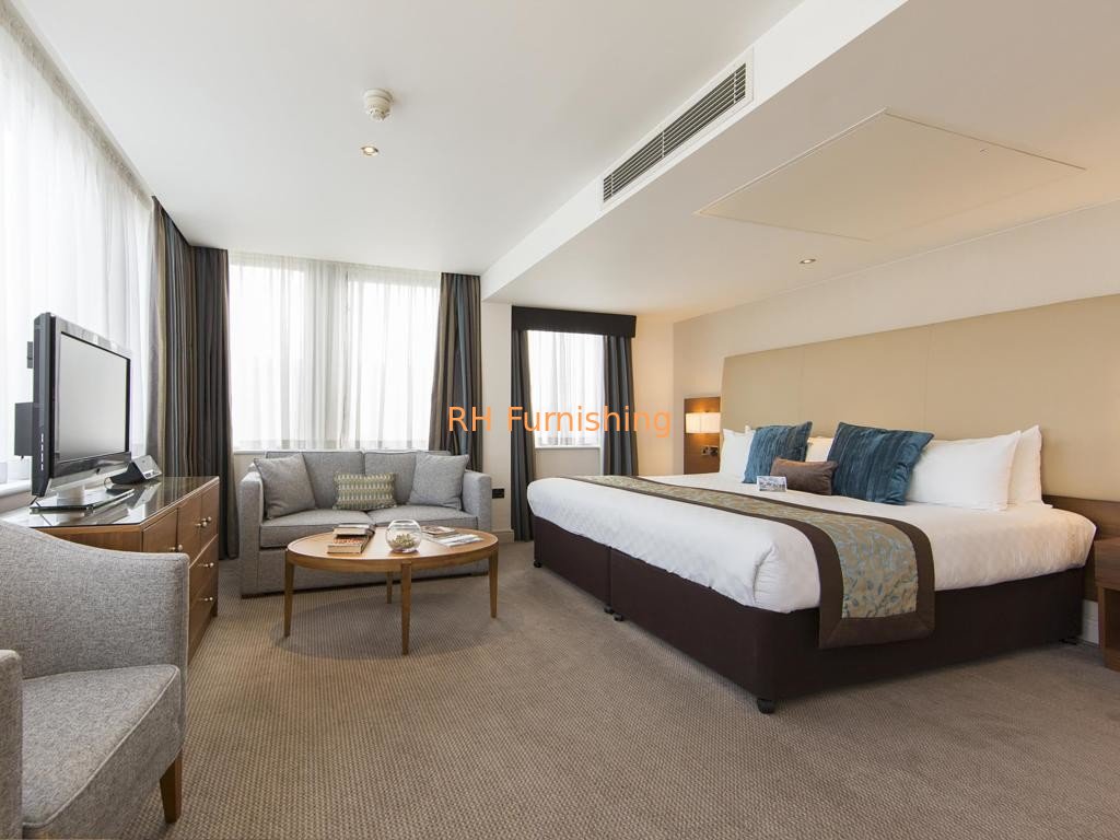 Pahang guestroom hotel furniture factory for fabric padded bed and tall TV cabinet with sofa chairs supplier