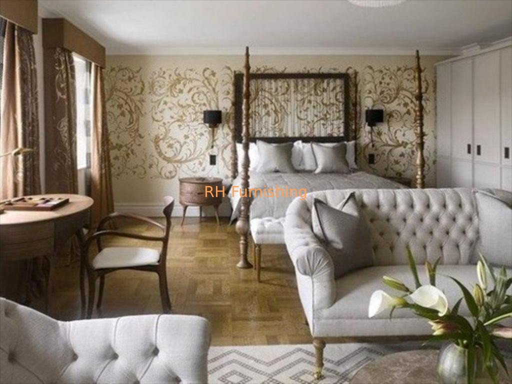 Negeri Selangor luxury hotel inner furniture American style wood Bed with fabric bench and desk table chairs supplier