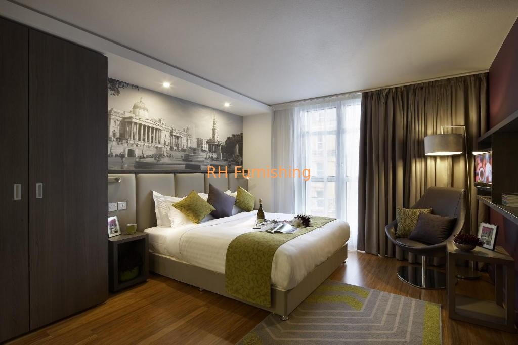 Negeri Sarawak hotel style apartment interior furniture by Laminate wood bed with Wardrobe cabinet and Leather sofa supplier