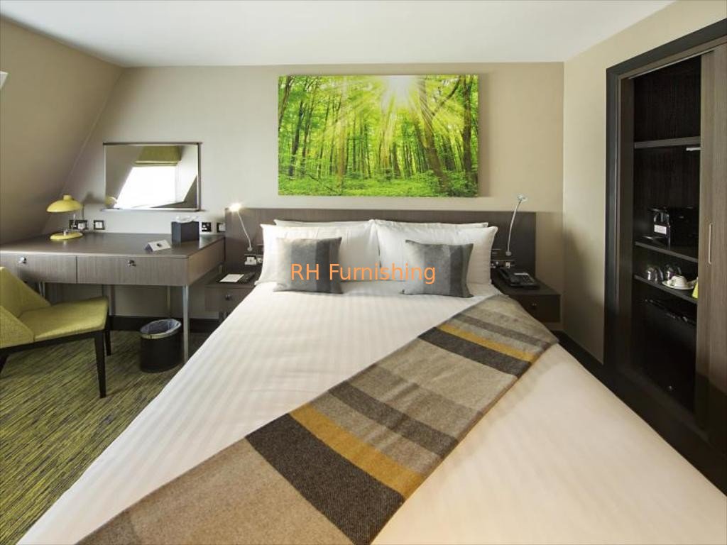 Putrajaya modern hotel fashion furniture bedroom sets used HPL laminate bed with desk table and in wall wardrobe cabinet supplier