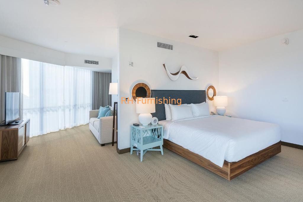 Hua Hin Tourist Resort Hotel room furniture made wood structure with fabric bed and chaise lounge sofa TV stand supplier