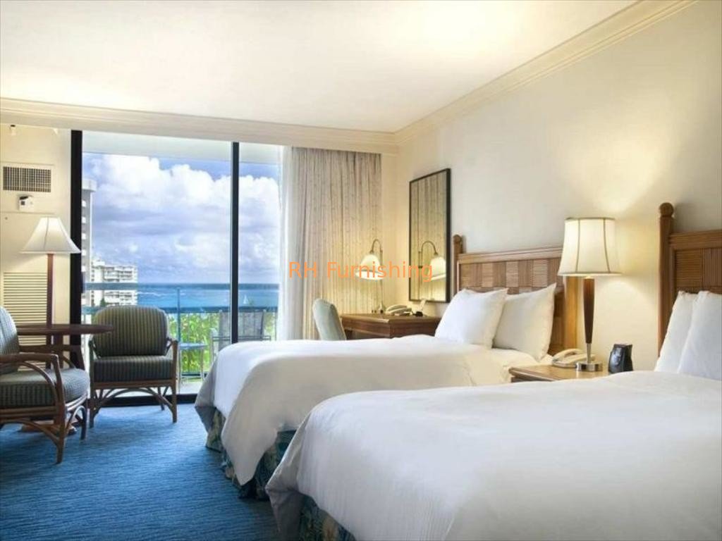 Sakiao interior designer for Hotel guestroom furniture by wood headboard beds with rattan armchairs and TV stand cabinet supplier
