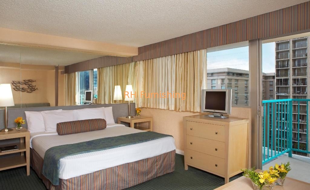 Daerah Istimewa Yogyakarta apartment hotel room furniture of Fabric soft bed with wood nightstand and Leisure sofa table supplier