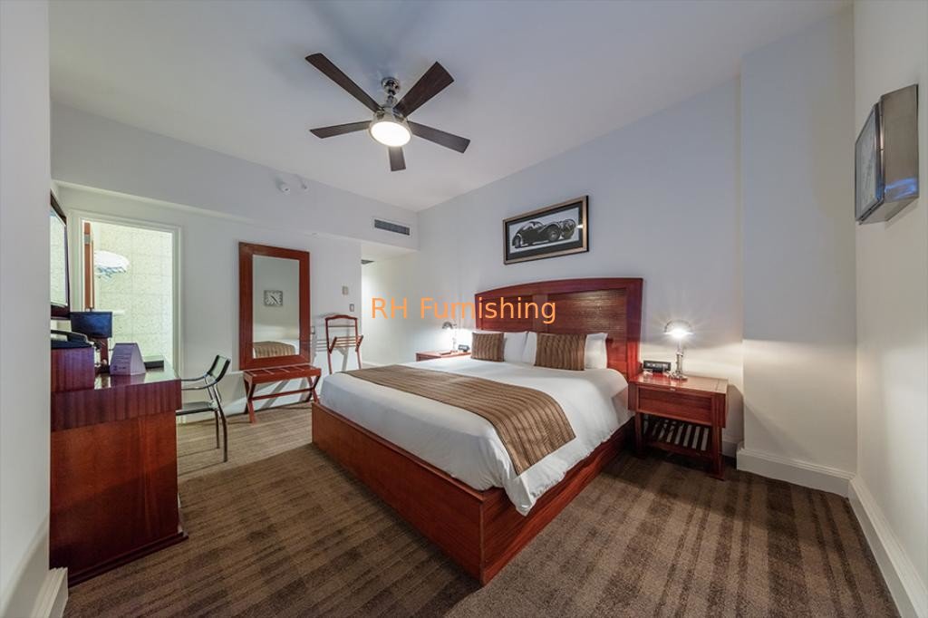 Palembang resort hotel furniture teak wood bed with TV cabinet desk and Sofa chairs table supplier