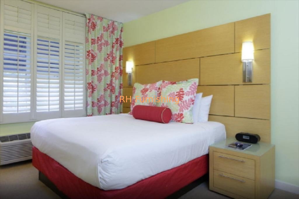 Java Island modern hotel furniture manufactuer Laminate wood tall headboard bed with Spring mattress and glass top night supplier