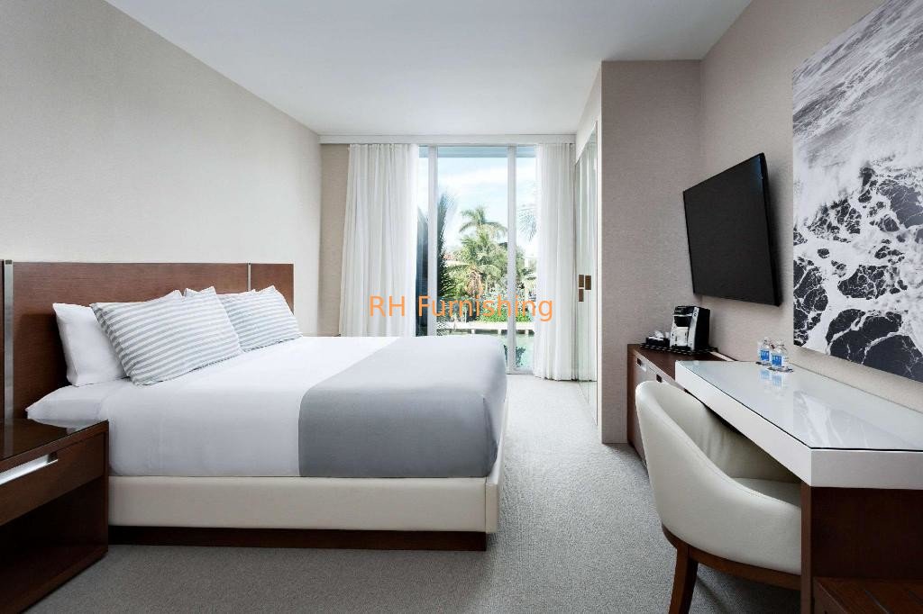 Papua New Guinea new hotel interior design furniture Walnut wood king size bed with nighstand and TV cabinet office desk supplier