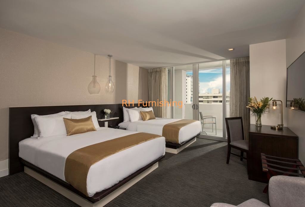 Port Moresby hotel fitout furniture of Bedroom sets double bed with nightstand made by oak wood and luggage stand table supplier