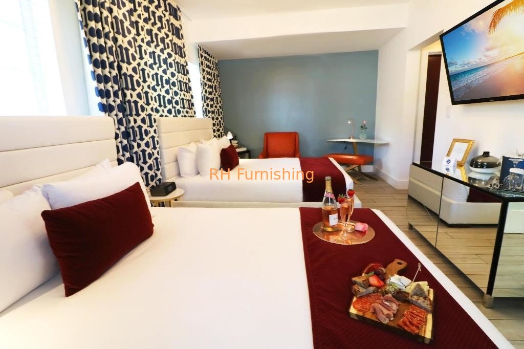Lae hotel style apartment space saving furniture of Upholstered single bed with Lounge chaise sofa and wood table supplier