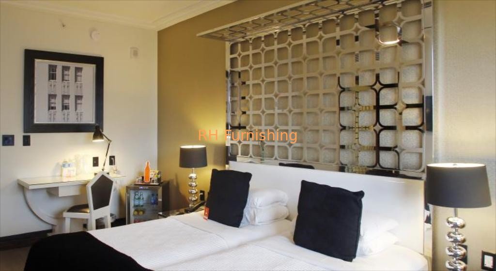 Timor-Leste Light luxury hotel furniture of Stainless steel headboard bed with leather pad and Leisure chairs with table supplier