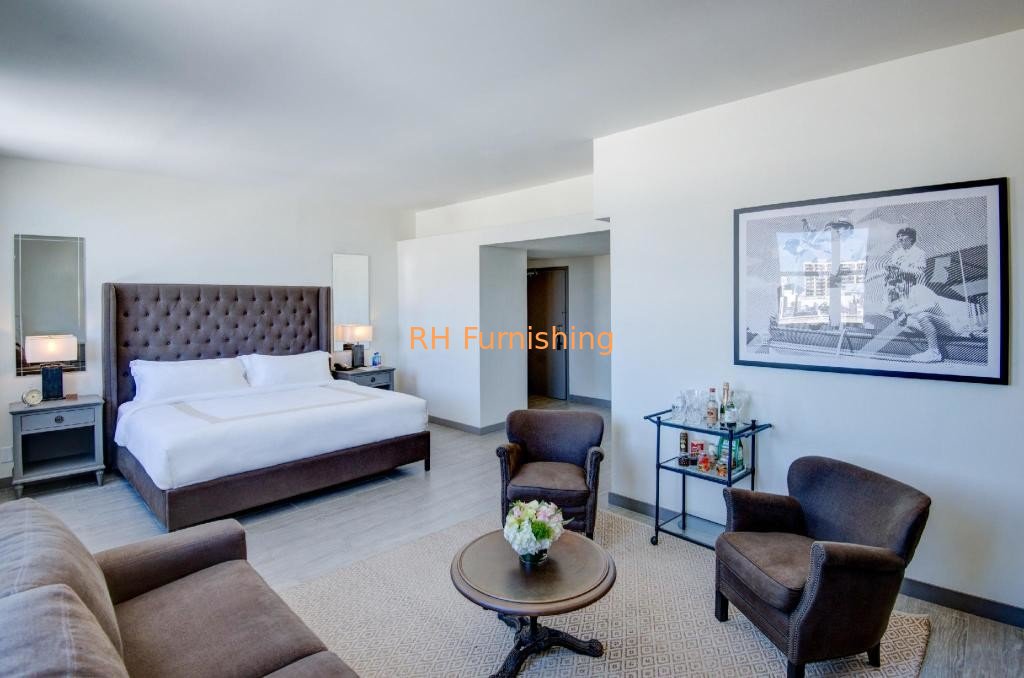 Da Nang hotel American style bedroom furniture set by Fabirc upholstered queen bed with leisure armchairs and wood table supplier