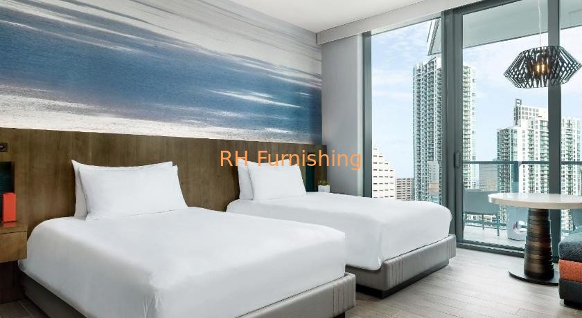 Thành Phố Huế hotel chinese style guestroom furniture of Walnut wood headboard bed with Screen panel and Leather chair supplier