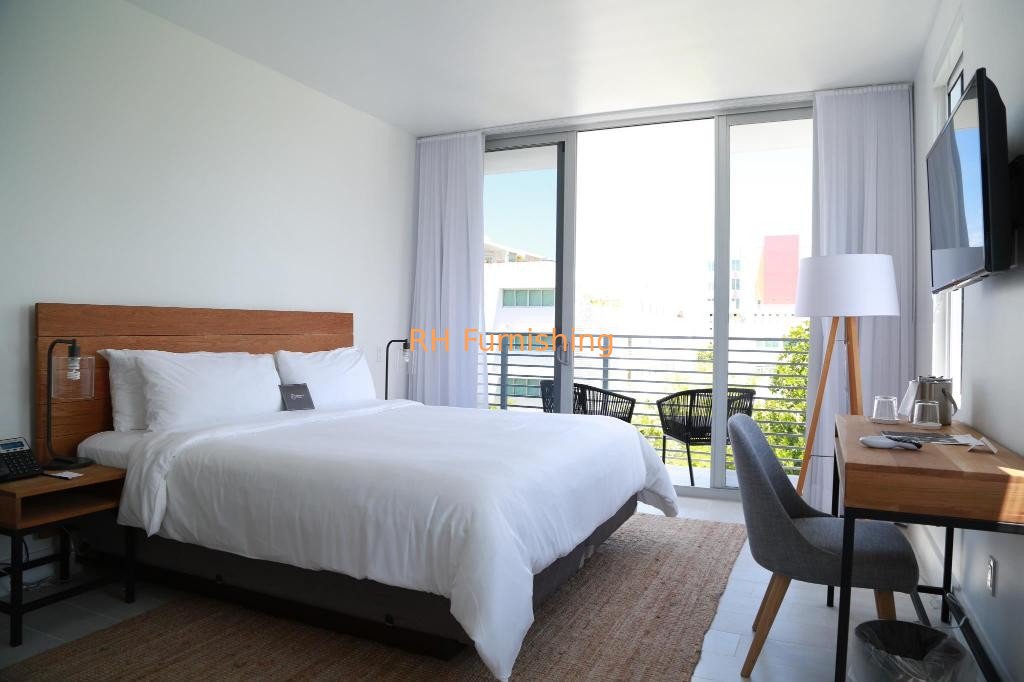 Phu Quoc Island travel vacation hotel guestroom oak wood bed with Nightstand and writing desk table wardrobe supplier