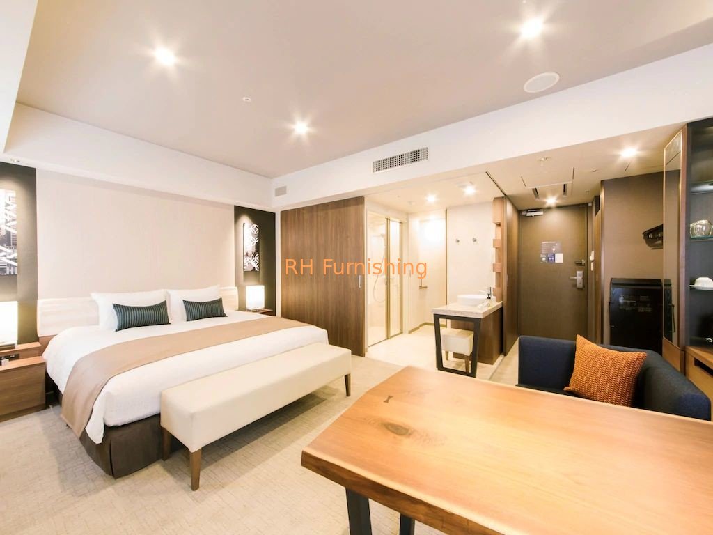 Christchurch modern hotel interior design furniture of Laminate board TV wall unit with writing desk and Upholstered bed supplier
