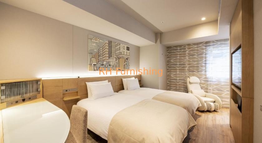 Fiji bueget hotel interior design furniture for sale by wood headboard bed with TV cabinet and dining chair supplier