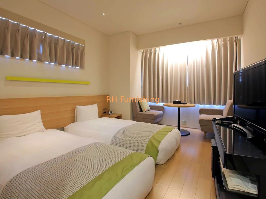 Micronesia small hotel inner design of furniture by wood bed with TV cabinet and loveseat sofa chaise supplier