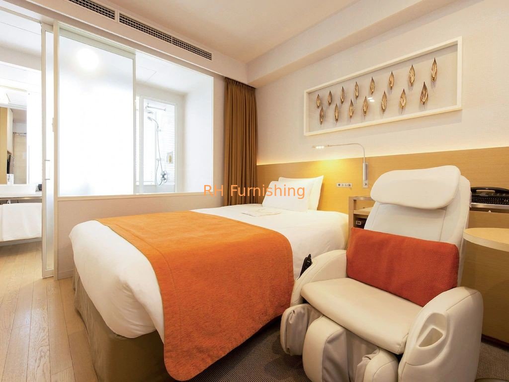 Tonga hotel interior design of custom furniture laminate wood headboard bed with massage chair and in wall cabinet desk supplier