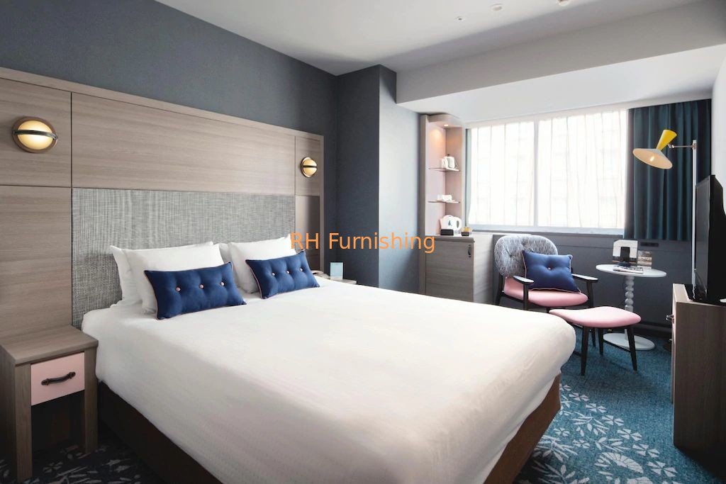 Brisbane budget hotel inner furniture supplier from China for bedroom set laminate headboard with nightstand and Lounge supplier