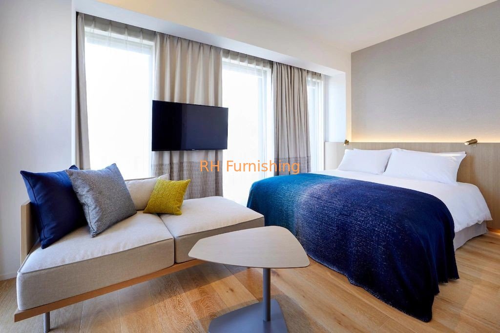 Perth hotel interior design FFE solution by laminate wood headboard bed with light luxury sofa and coffee table supplier