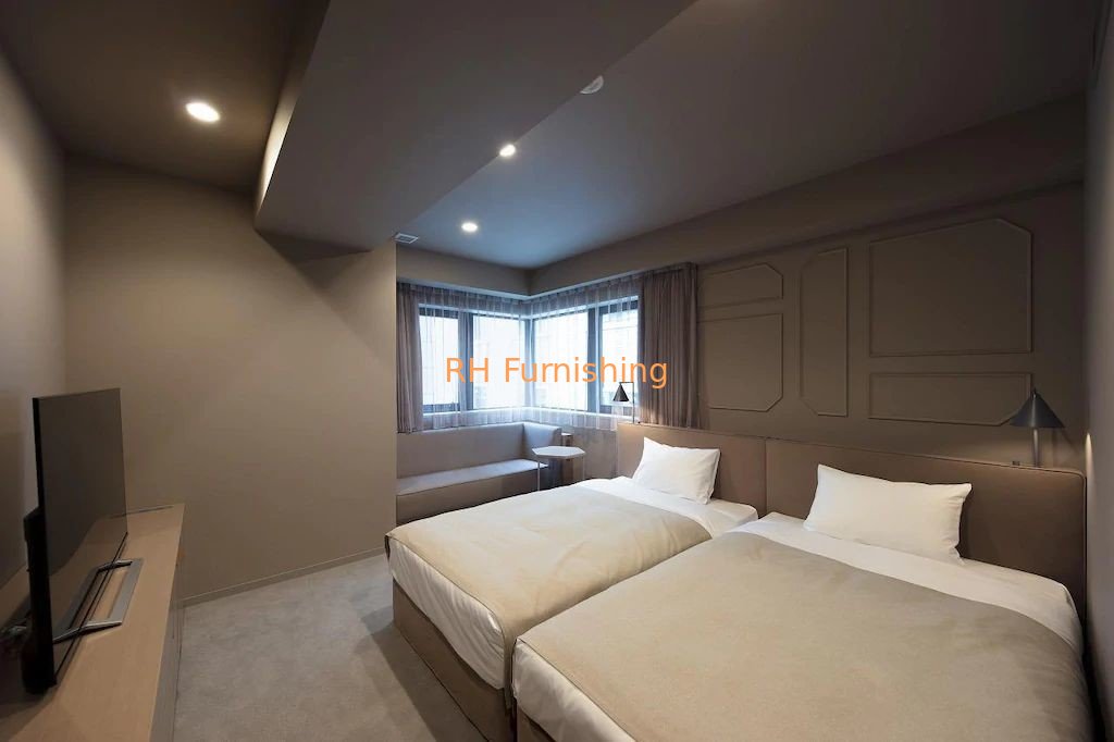 Adelaide hotel fitout furniture of laminate panel headboard with Tv cabinet and upholstered seating sofa supplier