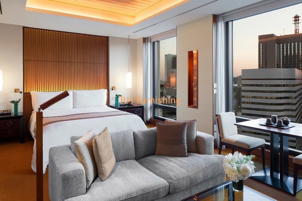 Australia luxury hotel interior design of furniture supplier from China by teak wood bed with upholstered pad and sofa supplier