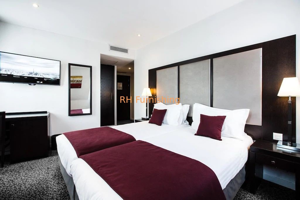 Egypt luxury hotel bedroom furniture of Upholstered headboard bed with writing desk table and lounge sofa chair supplier