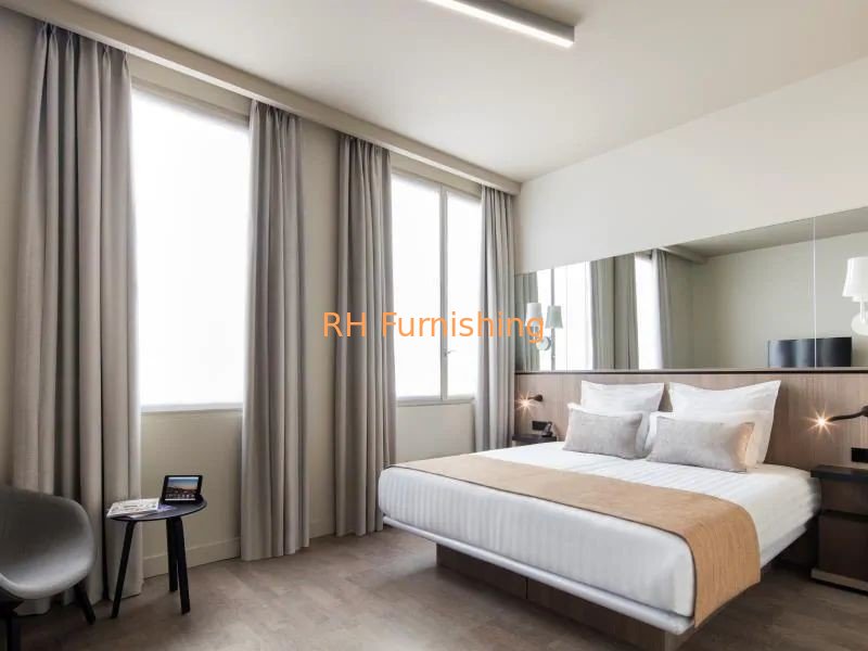 Algeria hotel style apartment furniture of laminate headboard bed with nightstand and upholstered leisure sofa chair supplier