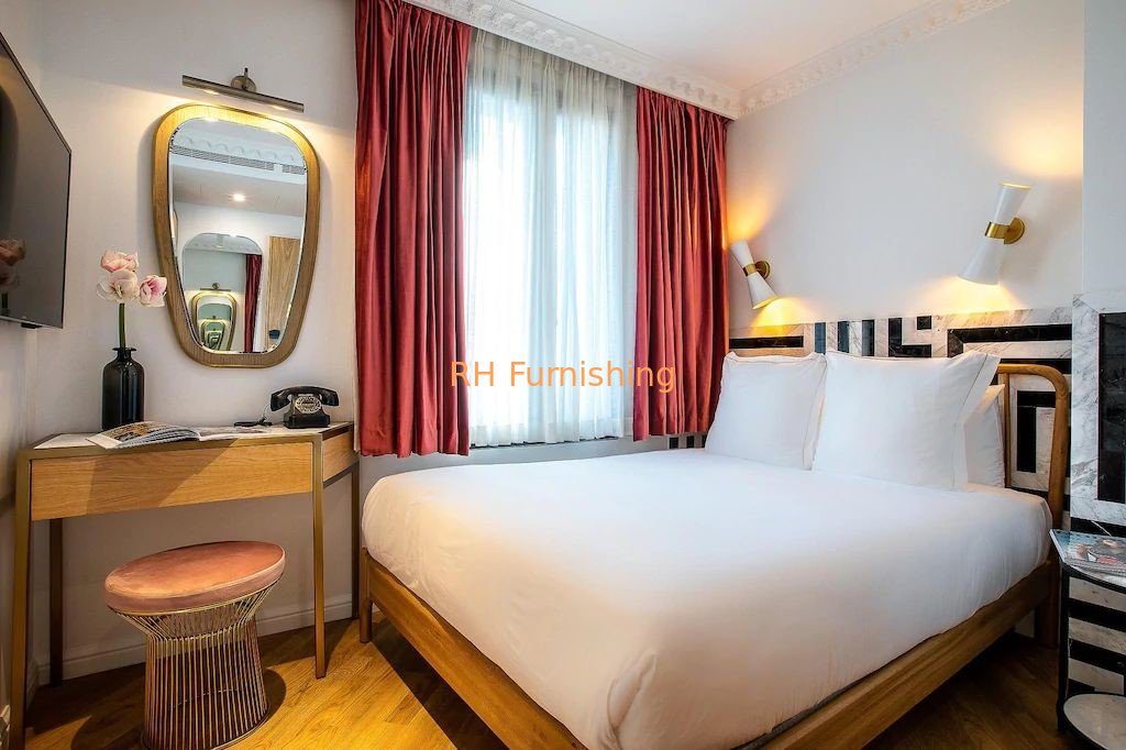 Burkina faso furniture agent from china for hotel bedroom furniture set wood bed with desk table and leisure sofa chair supplier