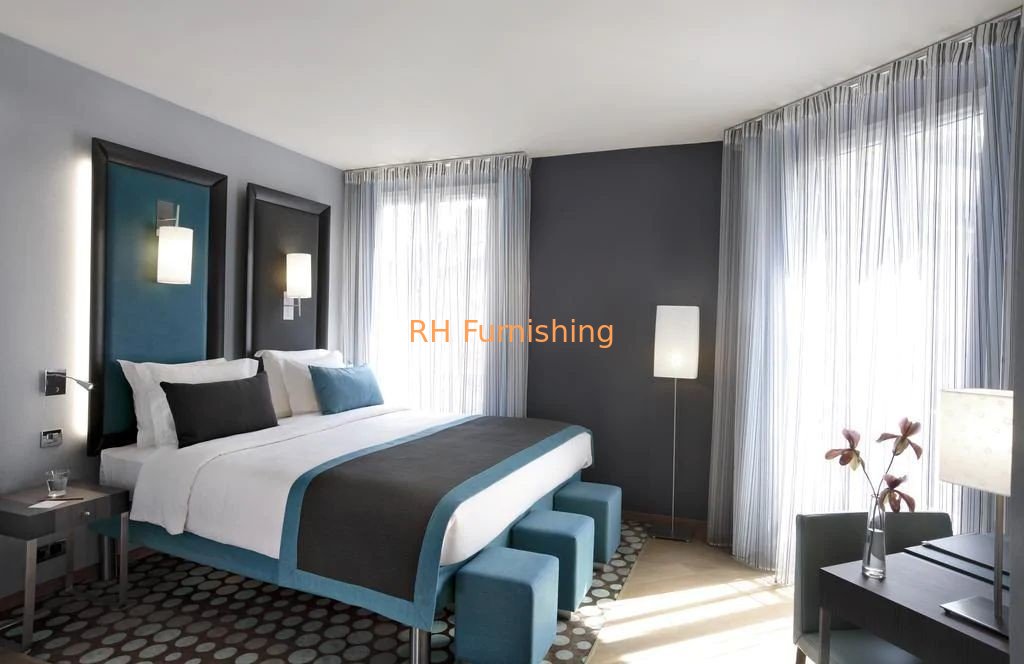 Equatorial Guinea furniture supplier from China factory for hotel bedroom fabric bed with side table and Writing desk supplier