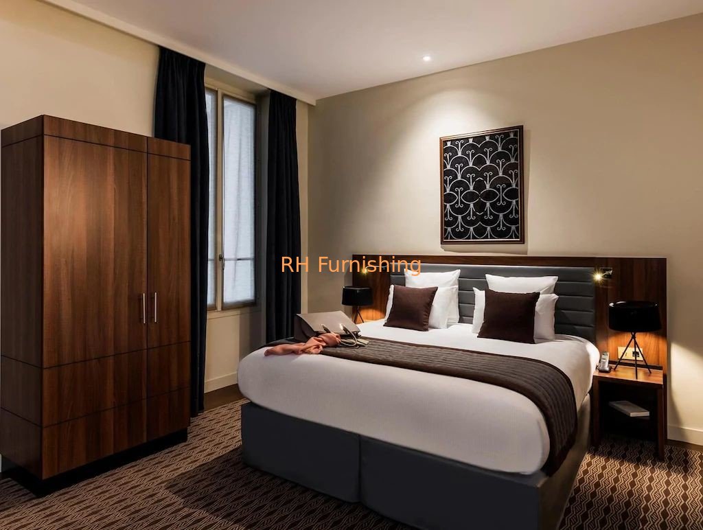 Togo hotel furniture apartment furniture of bedroom set laminate wood headboard with fabric pad and wardrobe cabinet supplier