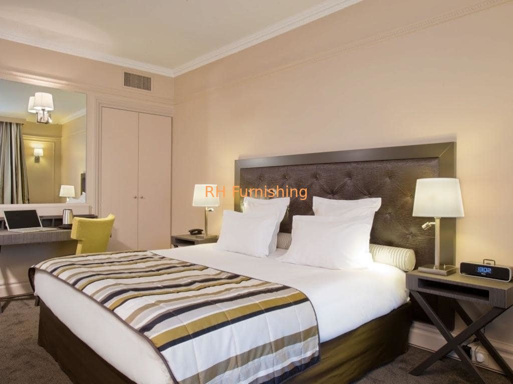 Guinea new hotel room furniture of Leather headboard bed with fabric chair and wood desk table supplier