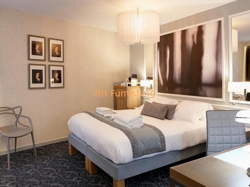 Guinea-Bissau hotel bedroom furniture set from China factory of wood bed with mattress and wood cabinet table supplier