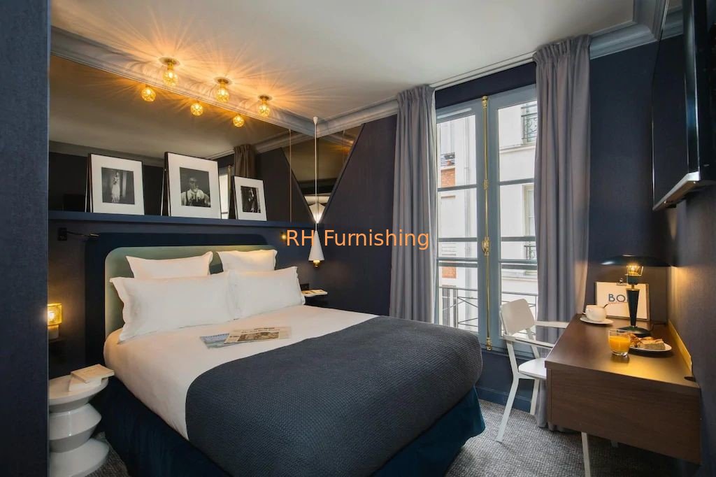Zimbabwe hotel style apartment bedroom furniture of fabric bed with nighstand and work desk table chairs supplier