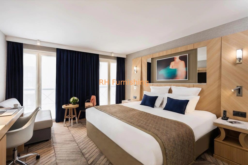Cameroon luxury hotel fitout furniture of laminated wood headboard with leather bed and long desk tale TV cabinet supplier