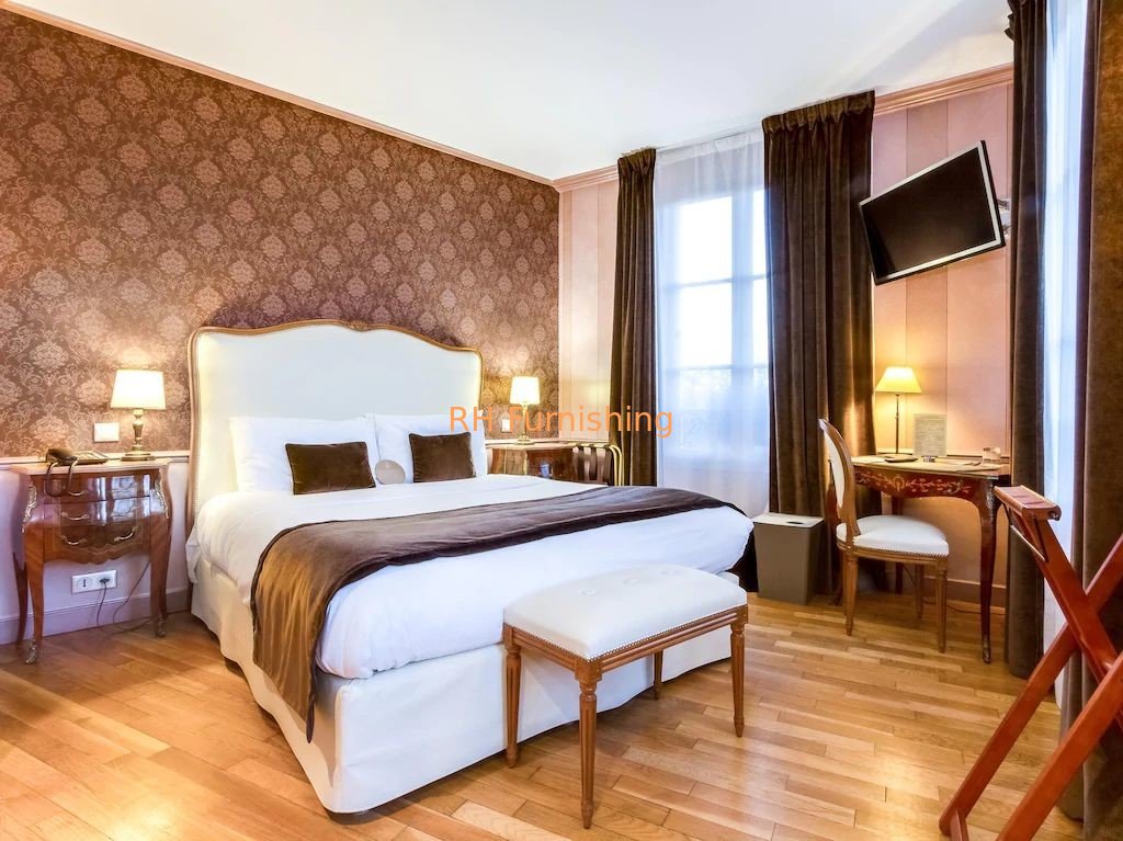 Kenya luxury hotel wood furniture manufactuer from China by French style bed with wood side table and fabric bench chair supplier