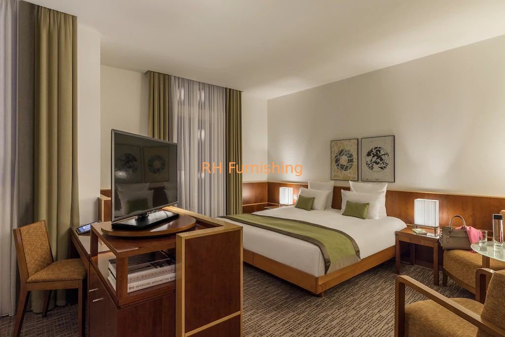 Madagascar hotel bedroom furniture set of wood headboard bed with combine desk table and fabric cushion chairs supplier