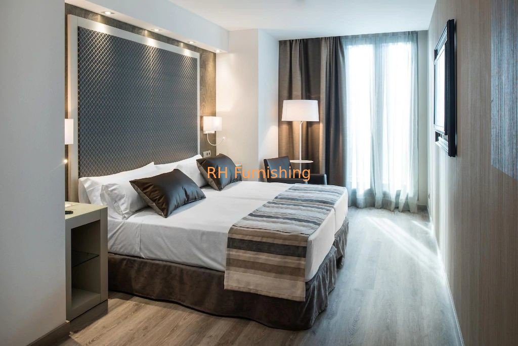 Sao Tome and Principe hotel apartment furniture of modern upholstered bed with glossy painitng side table and Long table supplier