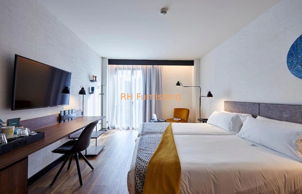 Tunisia hotel furniture manufactuer from china by Laminate wood headboard bed with long desk table and Fabric sofa chair supplier