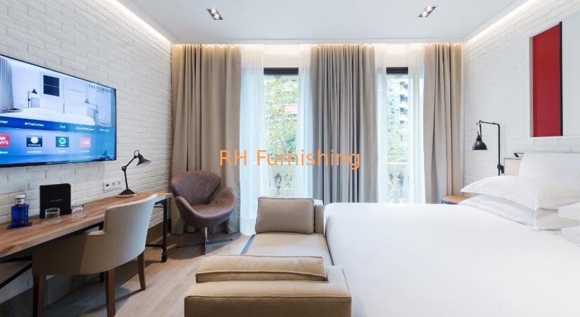 Zambia hotel furniture factory from China by fabric upholstered bed with wood night table and wardrobe cabinet supplier