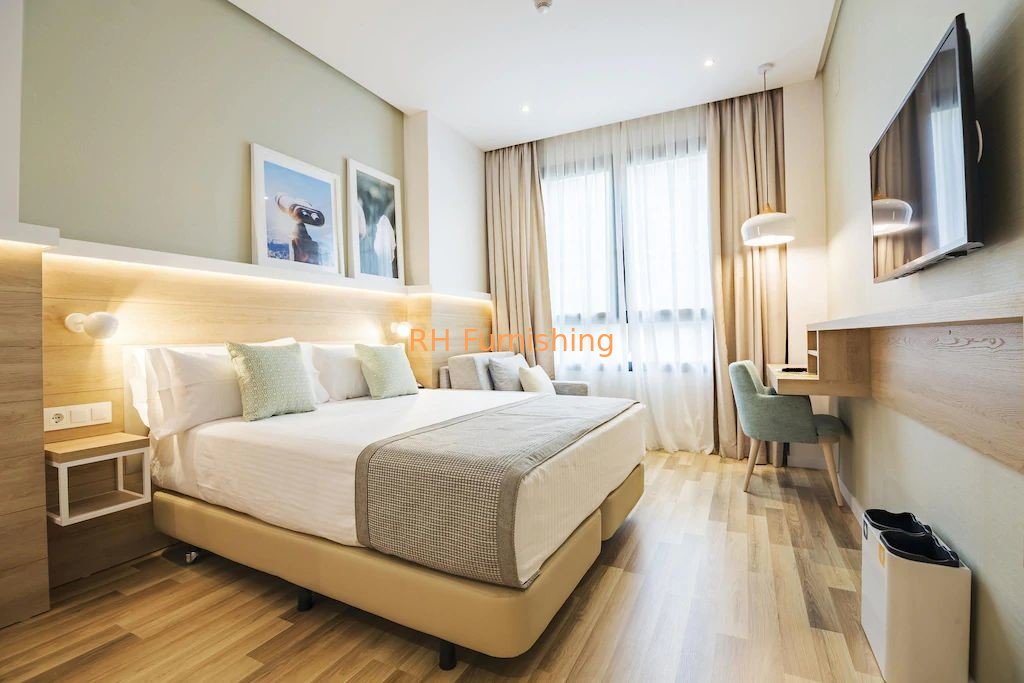 Morocco hotel inn bedroom furniture set from china manufactuer by Laminate headboard bed with side table and Living room supplier