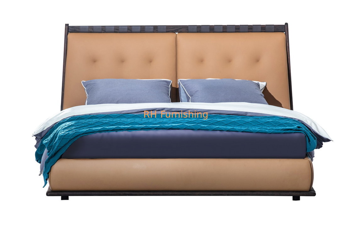Oak wood King size Bed with Cow Leather upholstered headboard for Villa interior Bedroom furniture set and Nightstand supplier