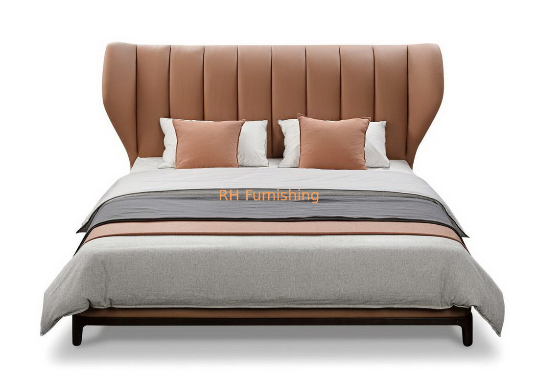 Light Luxury King Bed by Real leather upholstery headboard in Special design for High end House and Hotel guestroom supplier