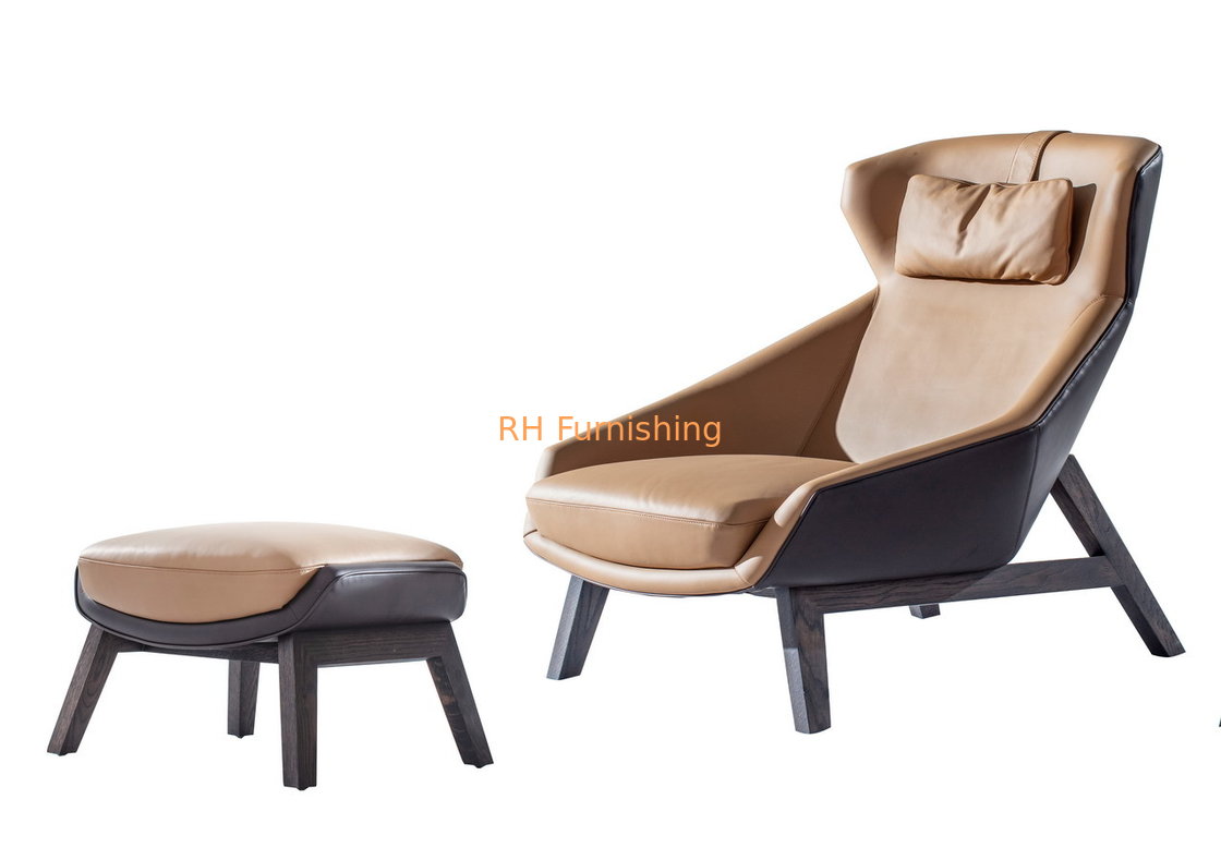 Italy design furniture Leisure chair with ottoman in Armchair stool used Leather upholstered and Oak wood legs Chair supplier