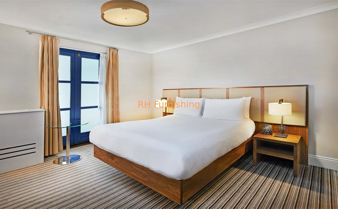 Budget Hotel Bedroom Furniture Leather bed with Leisure chairs and Wood TV Stand Cabinets supplier