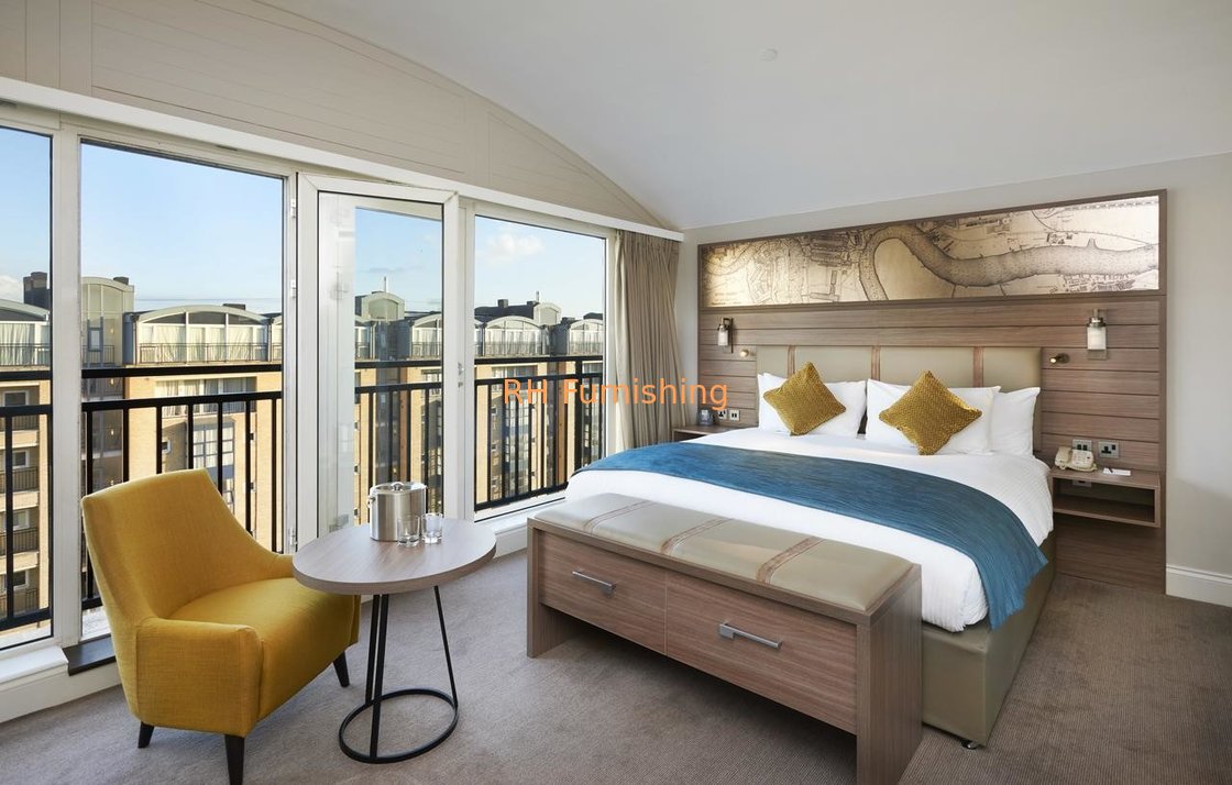 4 star Hotel room Bed Furniture Laminate bed with Leisure Chaise lounge and HPL TV table Writing desk unit supplier