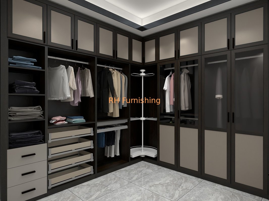 Corner Wardrobe Cabinets MDF Melamine Board Big Bedroom Closet With Storage Drawers And Display Shelves supplier