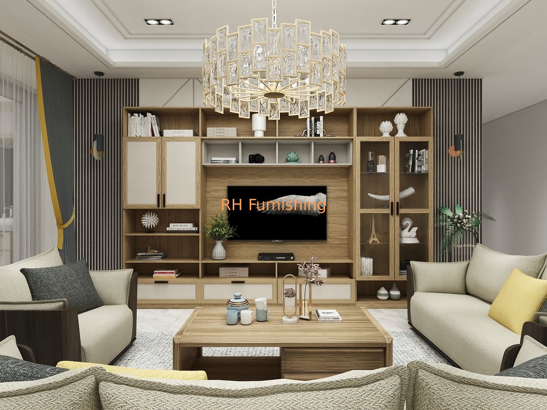 KD Structure Furniture Of Wall Unit TV Cabinet By Melamine Furniture With Glass Showcase And Audio-Visual Floor Stand supplier