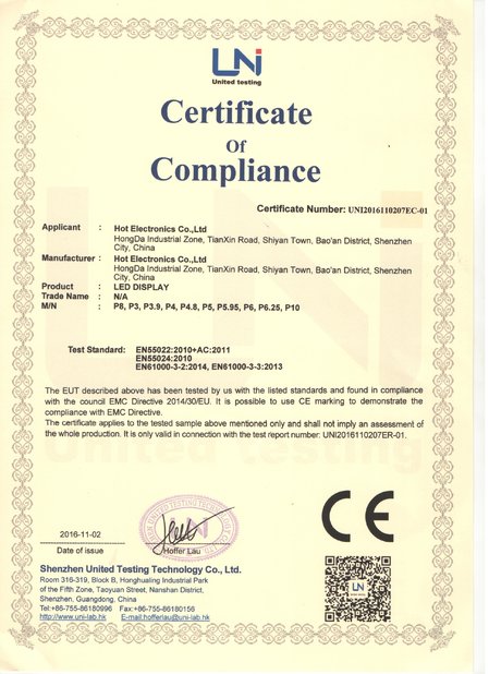 China Shenzhen Hot Electronics Co., Ltd. certification