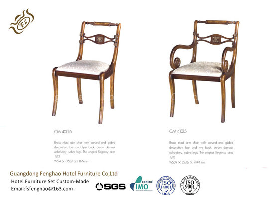 China Brass Inlaid Side Hotel Dining Chairs With Carved And Gilded Lyre Back Cream Damask supplier
