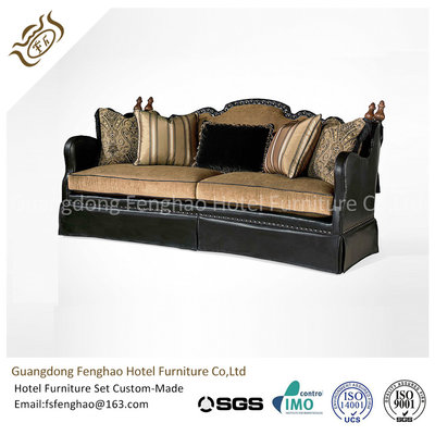 China American Style Brown Leather Hotel Room Sofa Wood Frame With Seat Cushion Upholstered supplier