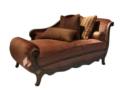 China Antique Brown Fabric Cushion Indoor Chaise Lounge Chair Solid Wood For Living Room supplier